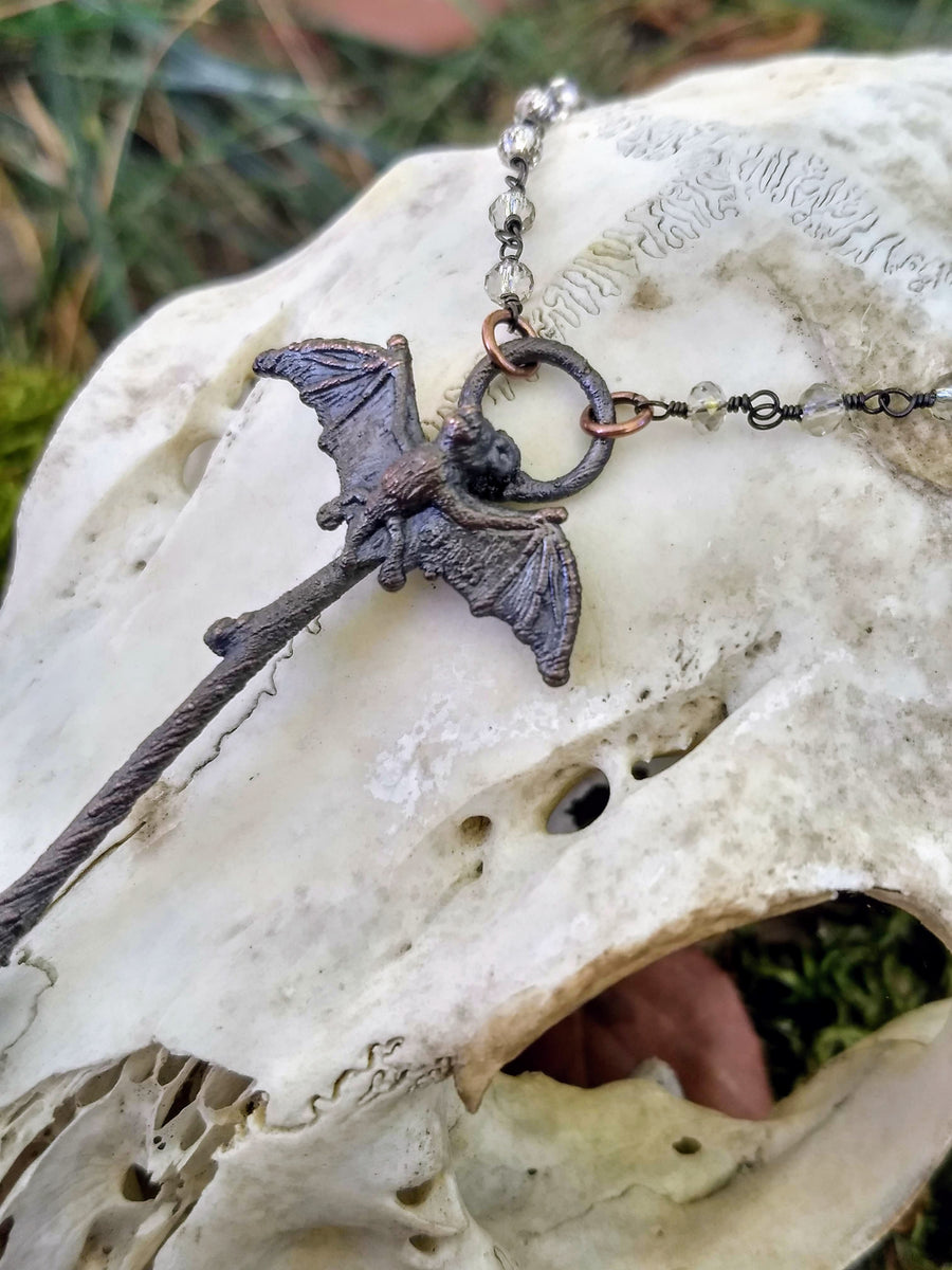 Copper Electroformed Witch Broom Besom with Bat