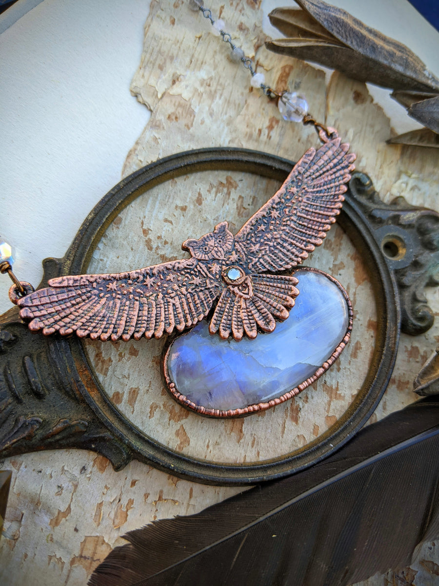 Copper Electroformed Moonstone Owl 1